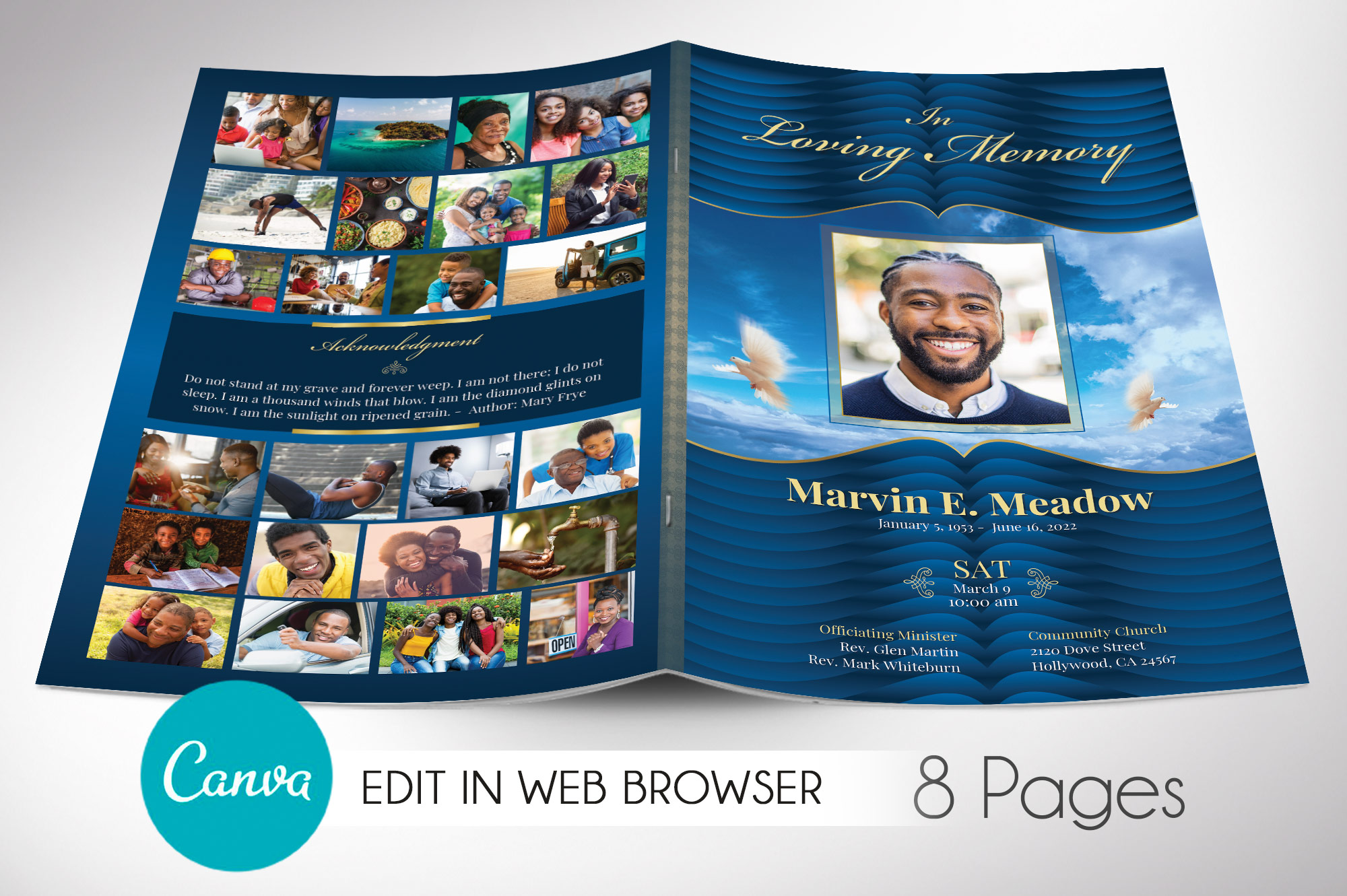 Blue and Gold Funeral Programs for Men - GraphicMule