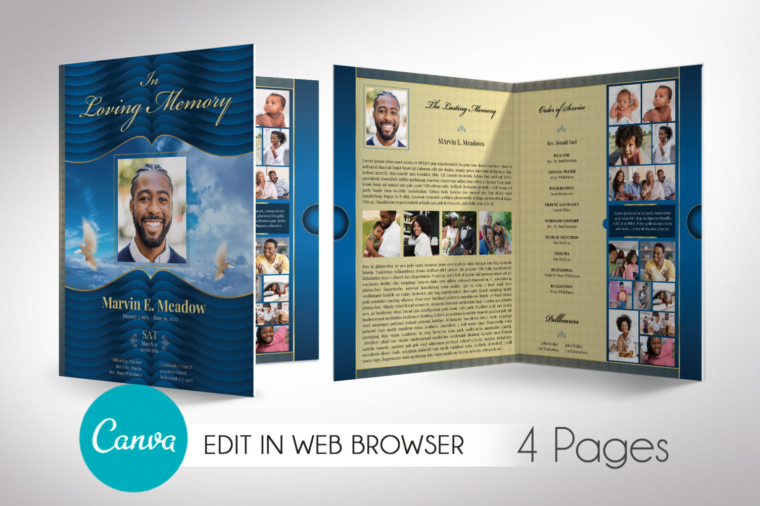 Blue and Gold Funeral Programs for Men - GraphicMule